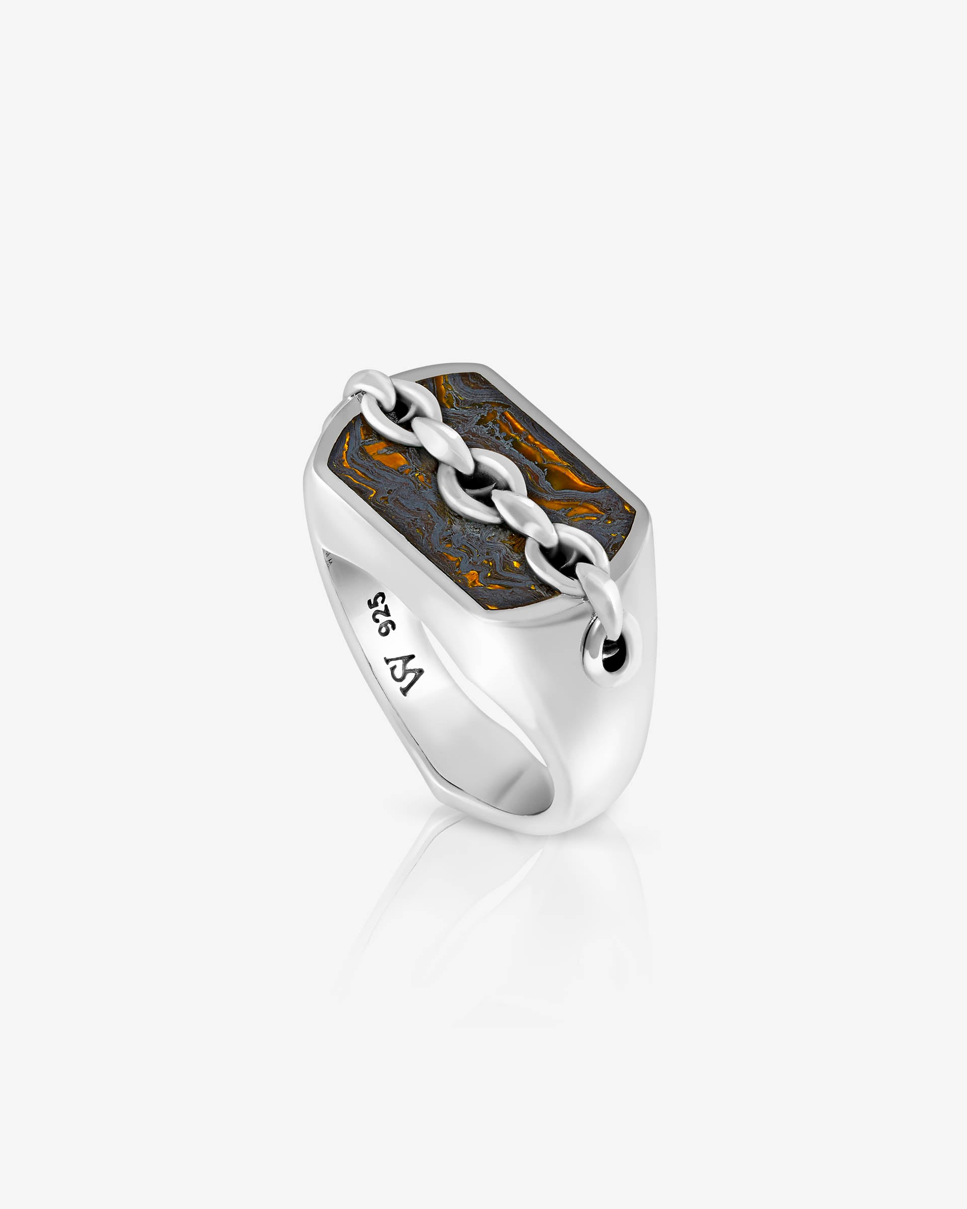 Inline Silver Signet Tiger Iron Ring | Stephen Webster